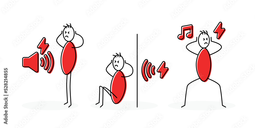 Set of stickman covering ears from the noise. Stressed stick man with ...