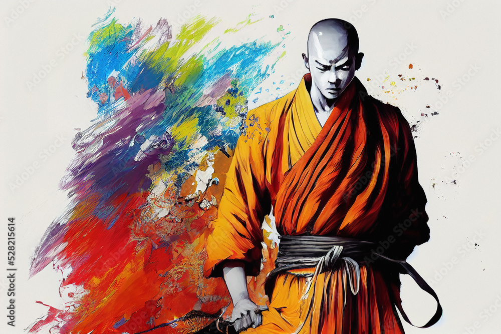 Abstract Shaolin monk portrait with colorful paint splash background ...