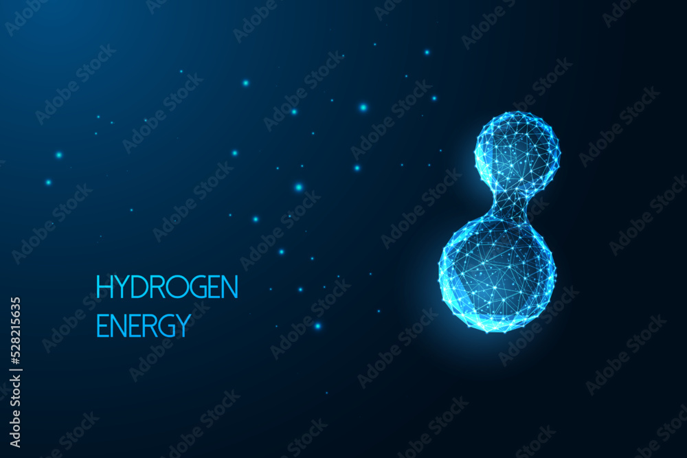 Hydrogen molecule microscopic view on dark blue background. Alternative ...