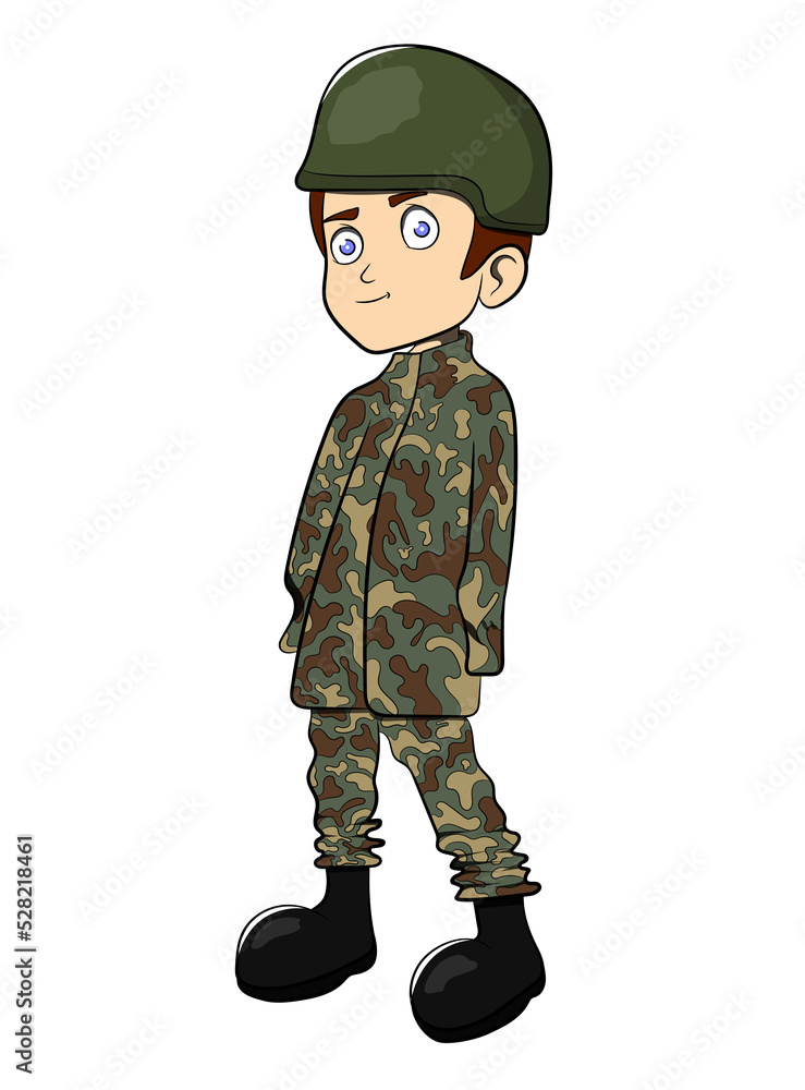 Army Military Boy Cartoon Character Wearing Uniform Helmet Stock ...