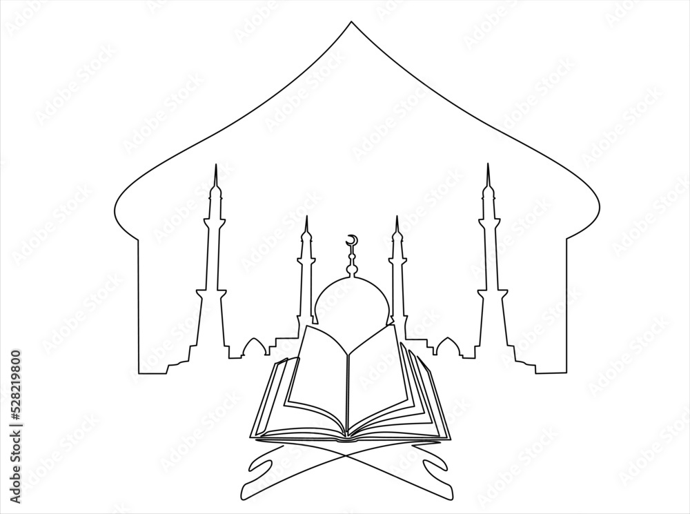 Single continuous line drawing of open Quran, holy book muslim, on ...