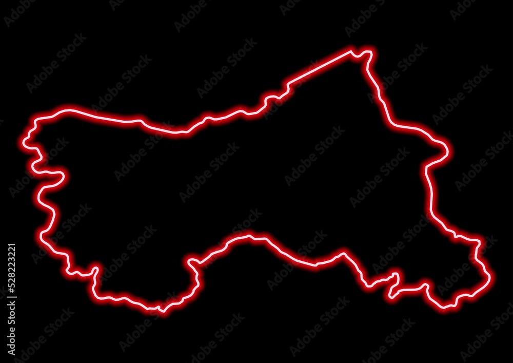 Red glowing neon map of Jammu and Kashmir India on black background ...