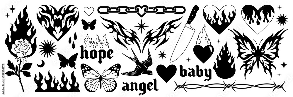Tattoo art 1990s, 2000s. Y2k stickers. Butterfly, barbed wire, fire ...