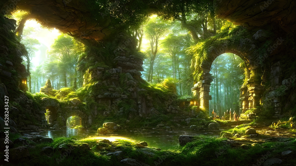 Fantasy forest landscape with stone ruins and bizarre vegetation at a ...
