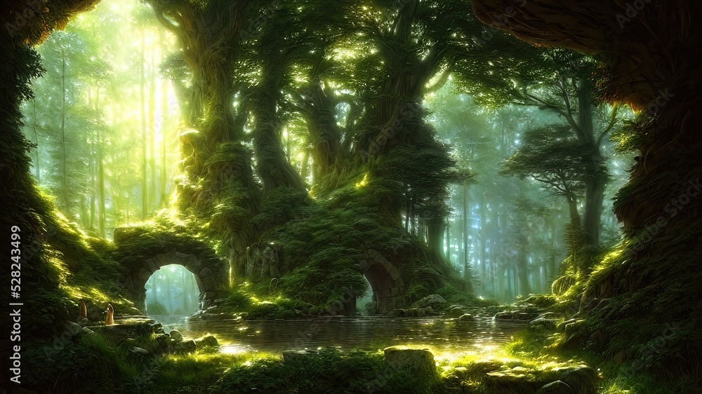 Fantasy forest landscape with stone ruins and bizarre vegetation at a ...