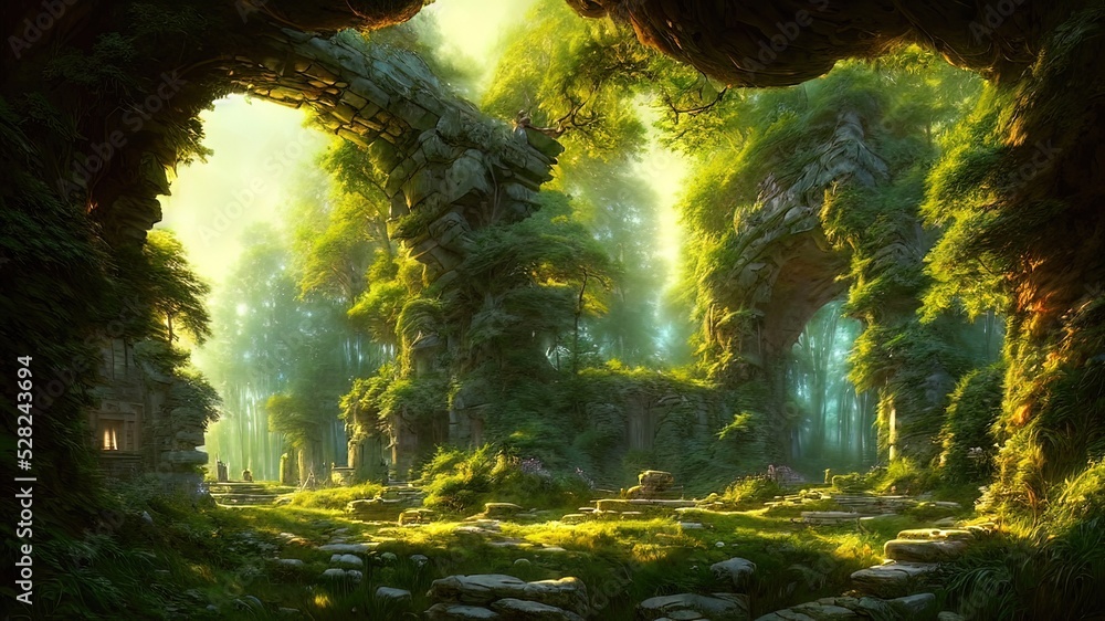 Fantasy forest landscape with stone ruins and bizarre vegetation at a ... Fantasy forest landscape with stone ruins and bizarre vegetation at a ...