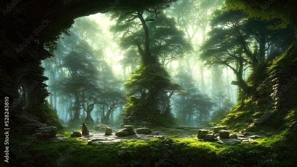 Fantasy forest landscape with stone ruins and bizarre vegetation at a ...