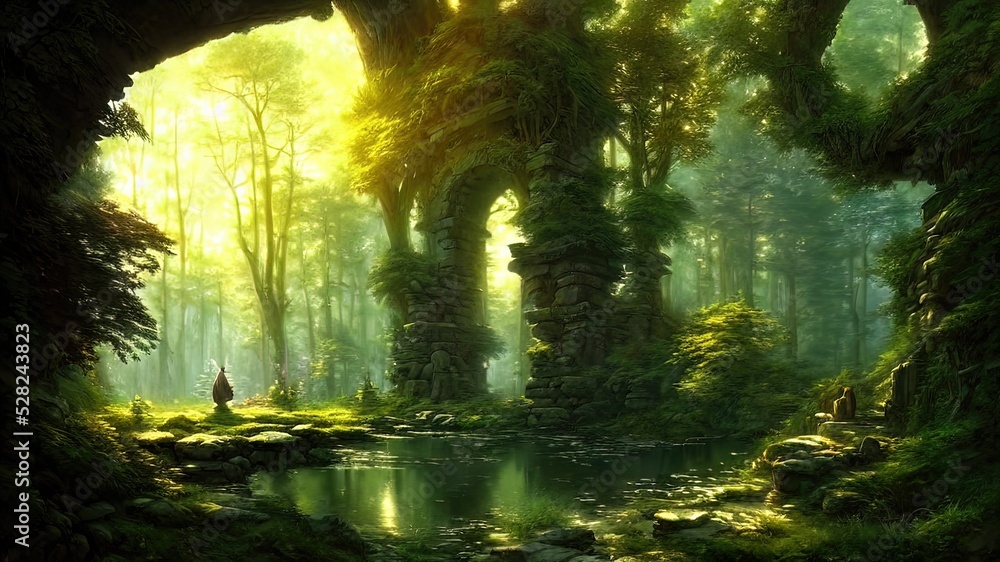 Fantasy forest landscape with stone ruins and bizarre vegetation at a ...