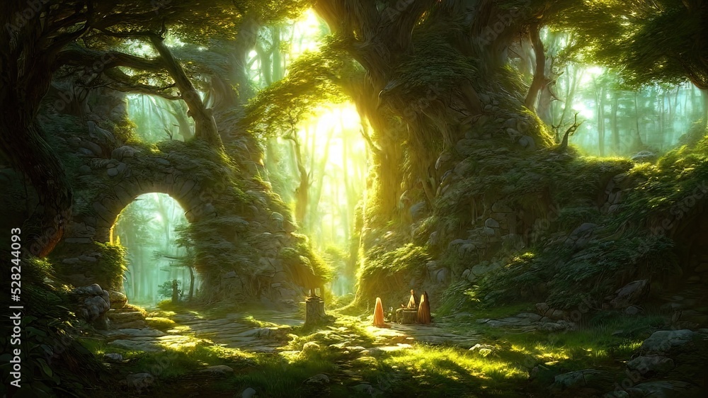 Fantasy forest landscape with stone ruins and bizarre vegetation at a ...