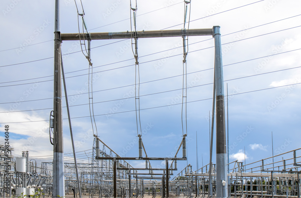View inside of an electrical utility transformer station showing high ...