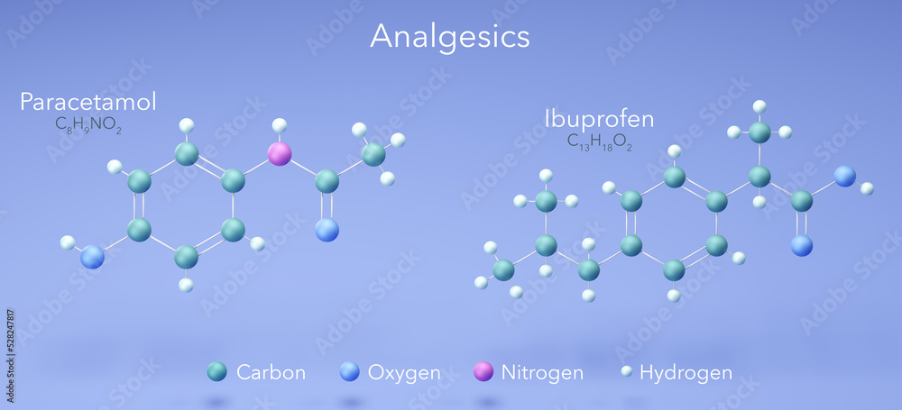 analgesics - ibuprofen, paracetamol, molecular structures, 3d model ...