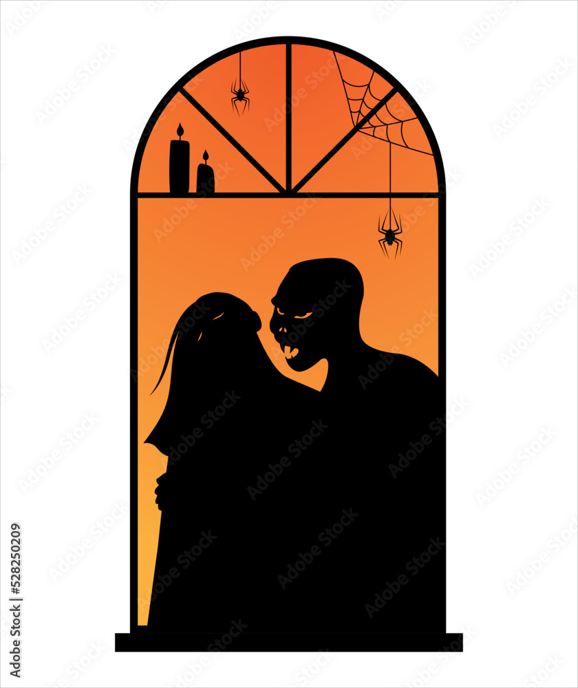 Halloween window. The vampire bites the girl. The spiders are crawling ...