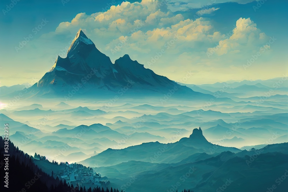 Mountain landscape with clouds. Cartoon, manga digital painting. Rocky ...