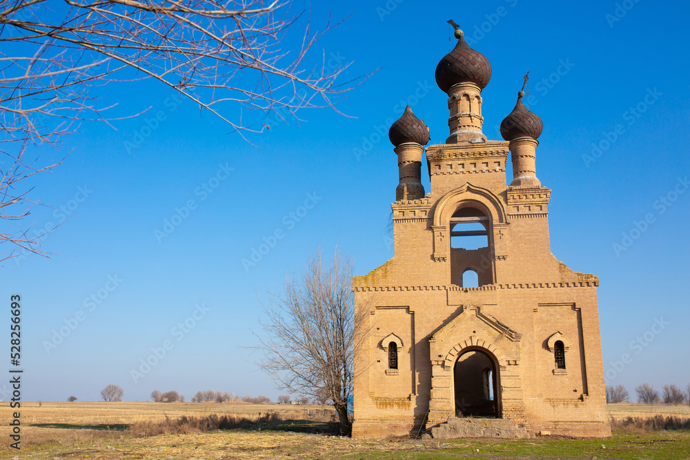 Old ruined church. Bent crosses and broken walls of the temple, ancient ...