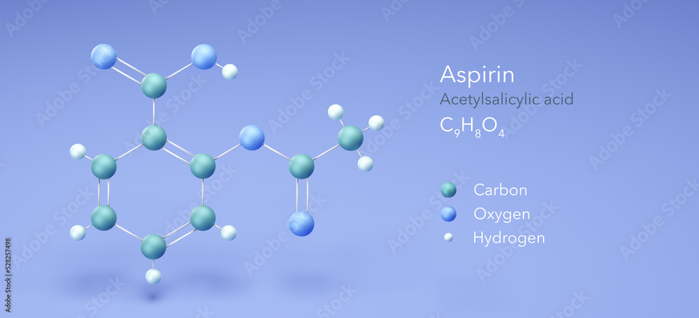 aspirin analgesic, acetylsalicylic acid, molecular structures, 3d model ...