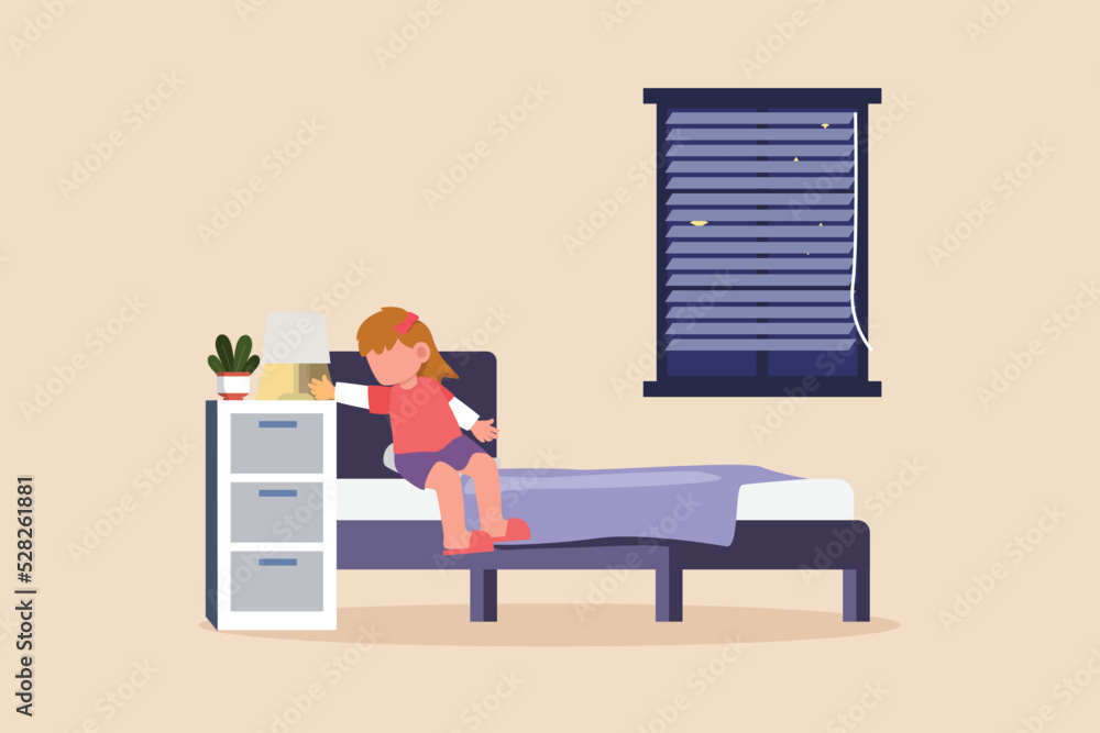 Child girl resting on the bed, turning off the light switch before ...