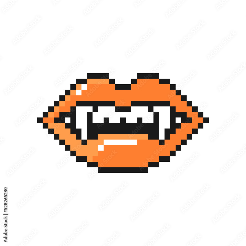 Lips with vampire teeth icon in pixel art design isolated on white ...