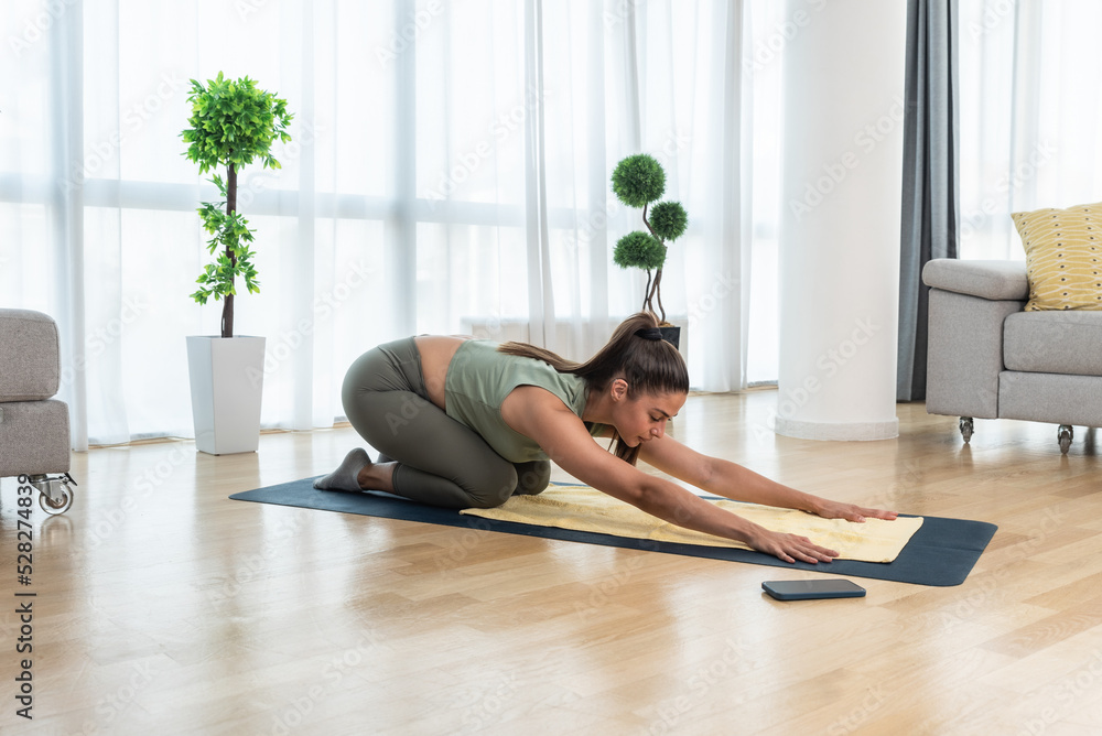 Young woman rehabilitation exercise at home after car crash accident ...