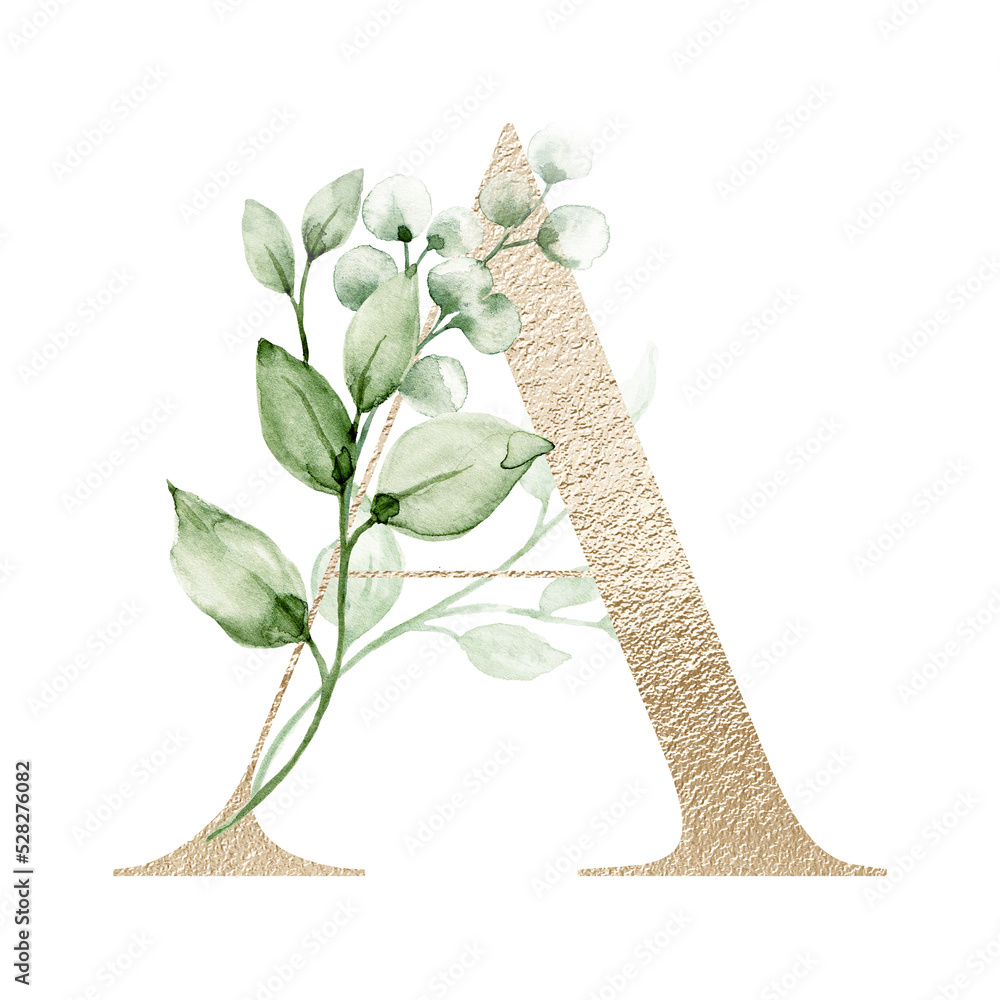 Floral alphabet, letter A with watercolor flowers and leaf. Monogram ...