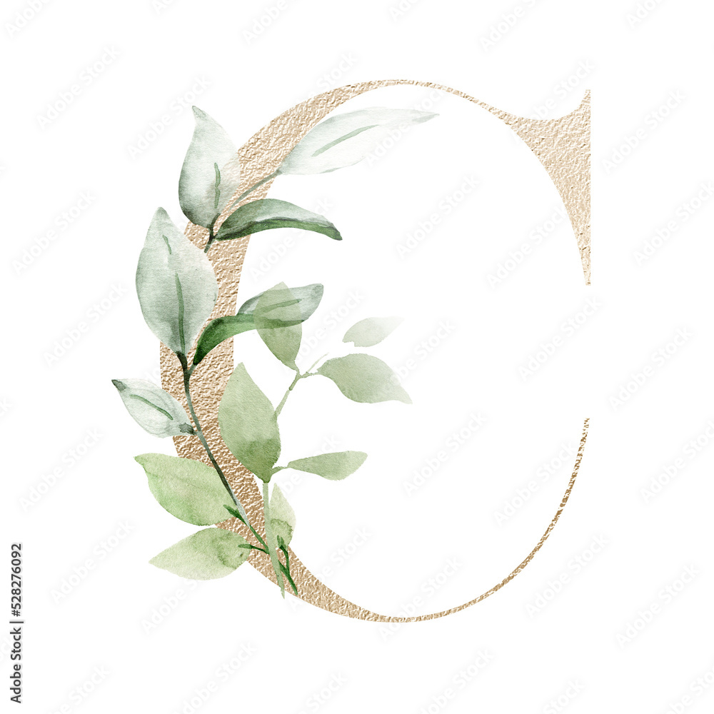 Floral alphabet, letter C with watercolor flowers and leaf. Monogram ...