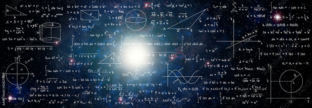 Illustration of basic physics and mathematics formulas and galaxy in ...