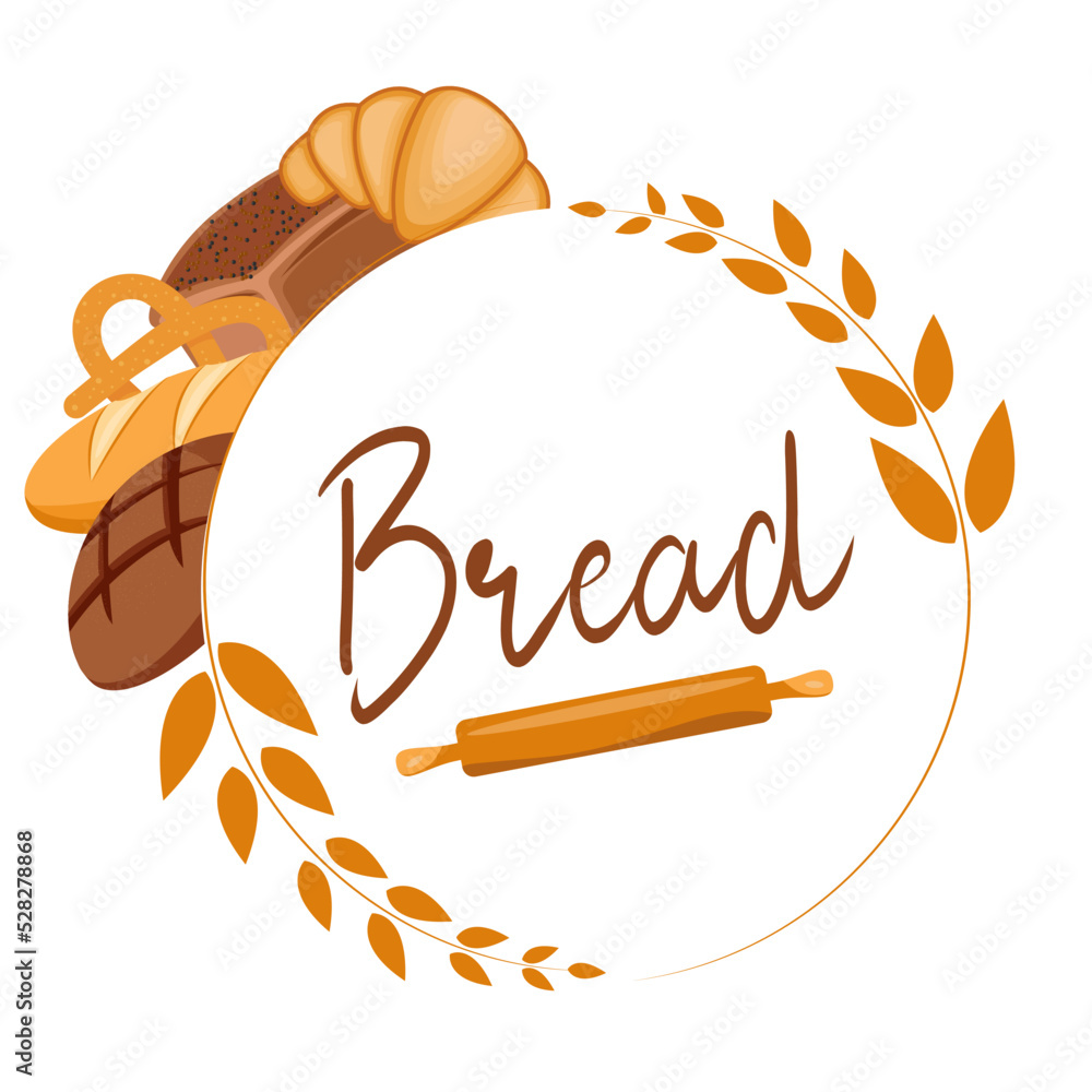 Bread package design. Icon of brown rye bread bun bagel, wheat ears ...