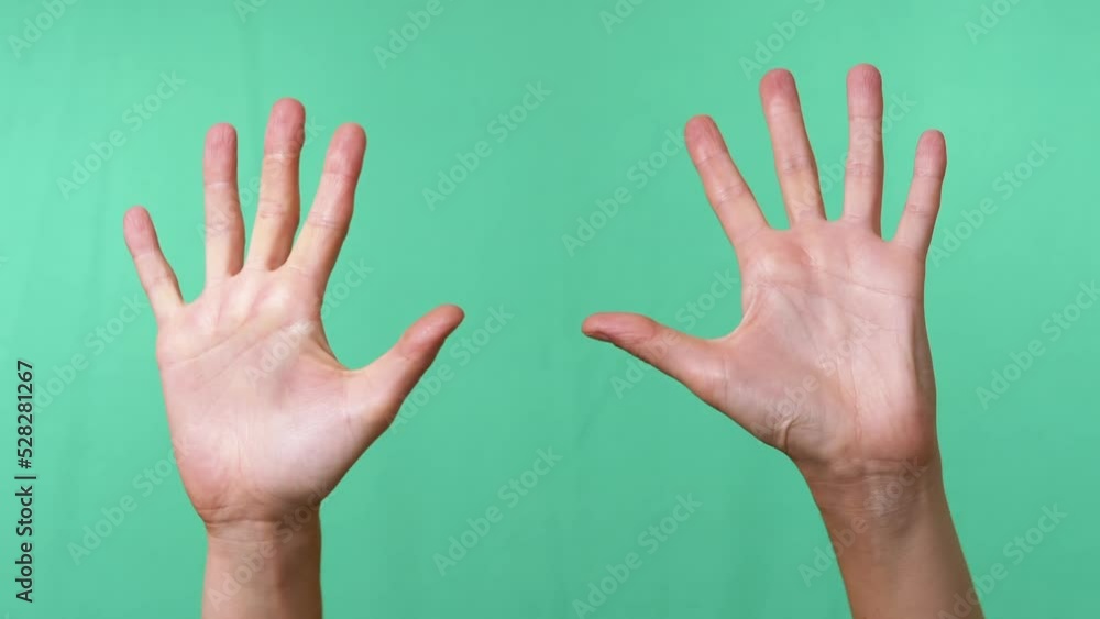 Raised Open Palms Up on Empty Isolated Green Chroma Key Background. Two ...