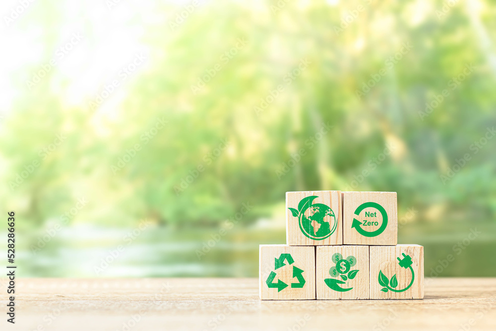 wooden cubes with eco globe on Blurred nature background, Internet of ...