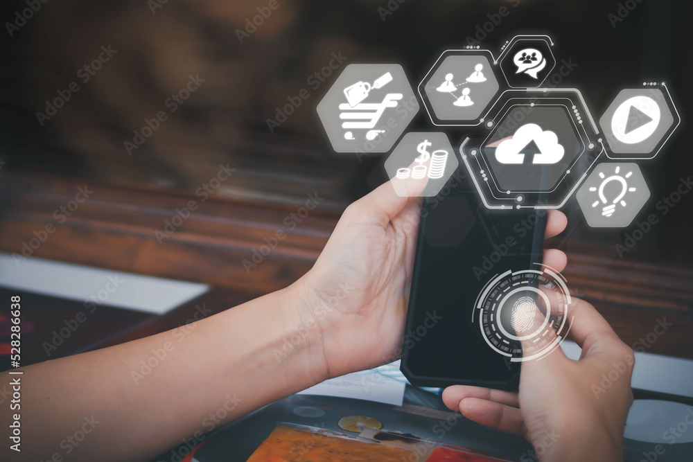Hand of business woman use smart phone, futuristic ai technology ...