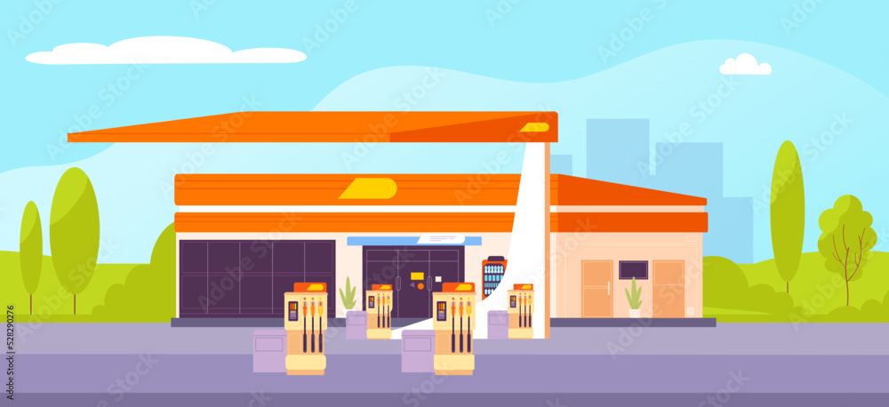 Petrol station building. City fuel stations on road background, cartoon ...