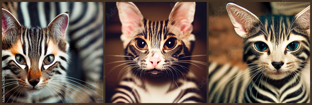 Zebra-colored cats, portraits of cute animals of an unusual color. 3d ...