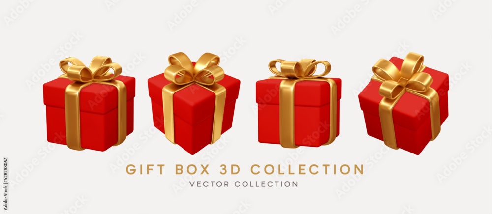 2023 3d Realistic Red Gift Boxes with Gold Ribbon Gift Bow Set ...