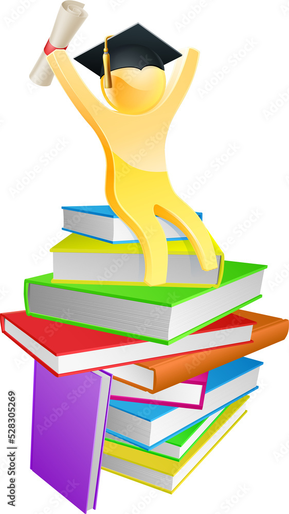 Graduate books gold person sat on books with convocation diploma ...