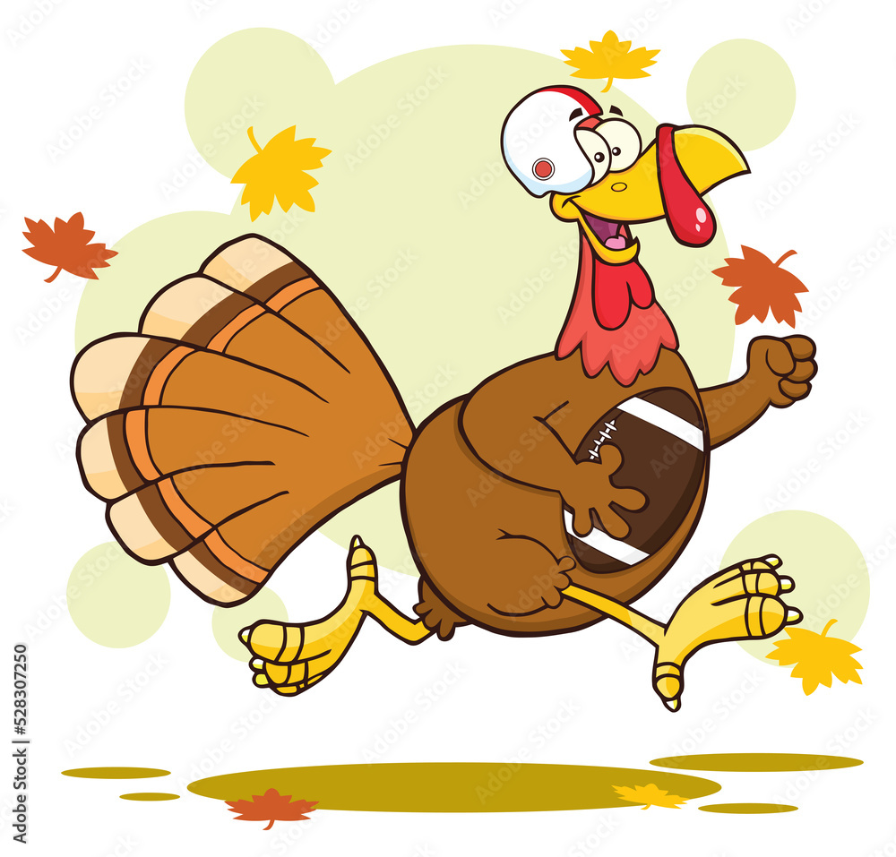 Football Turkey Bird Cartoon Character Running In Thanksgiving Super ...
