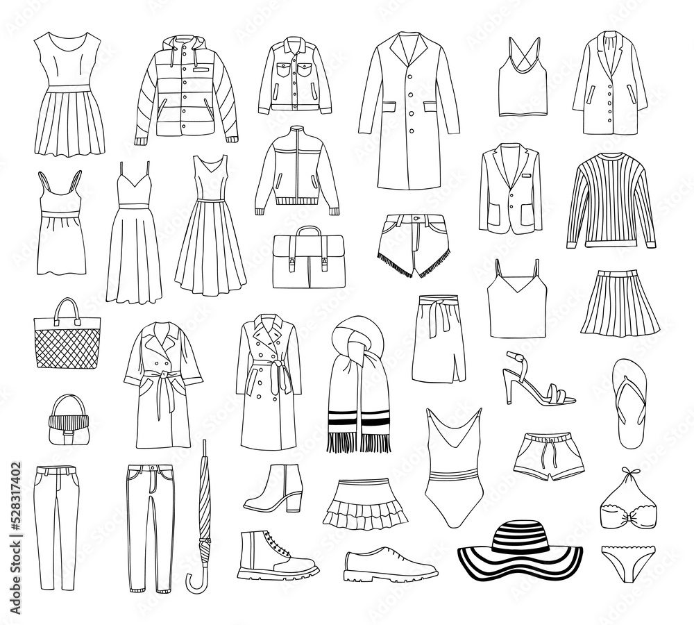 Clothes doodle illustration collection. Hand drawn clothing icons ...