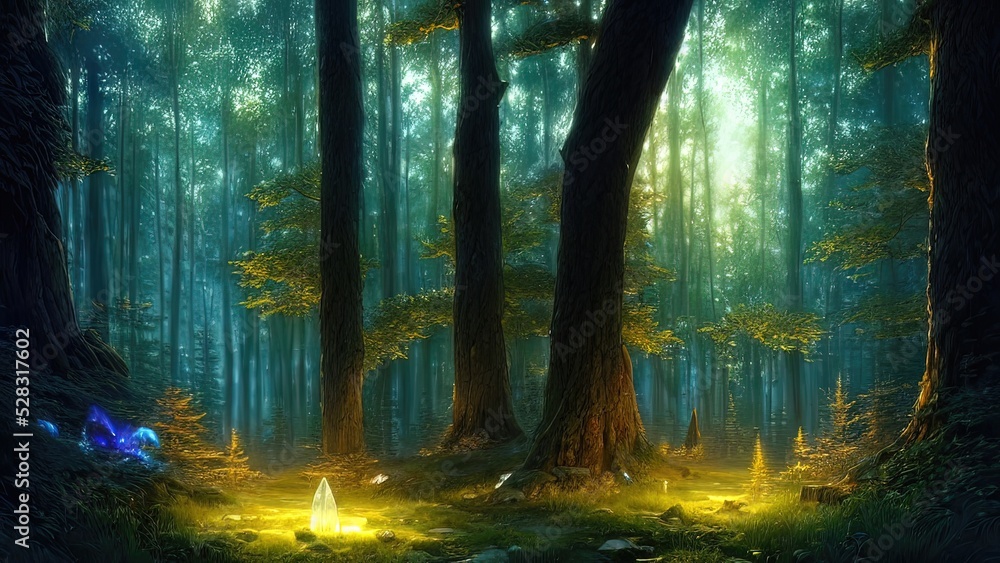 Dense dark fantasy forest, with big trees, green, sunset light. The magical atmosphere of the ...