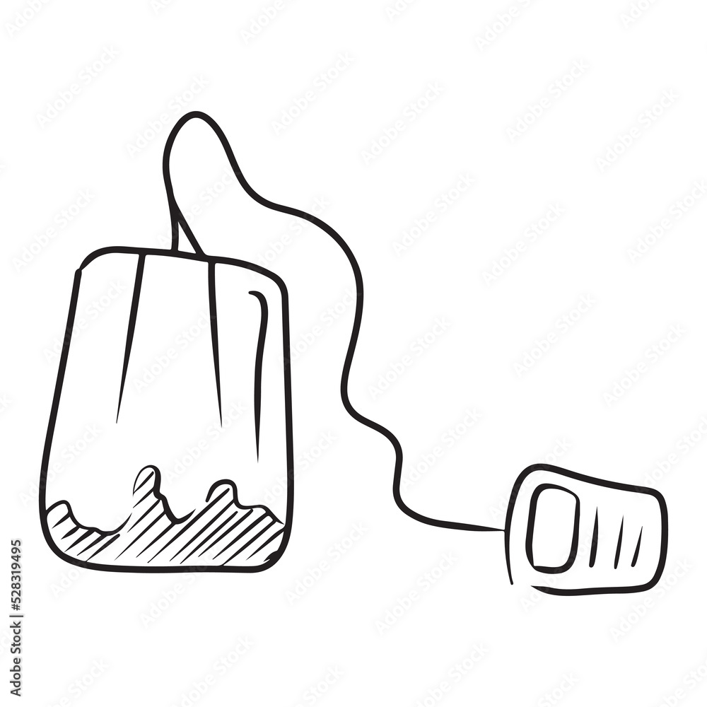 Tea bag sketch drawing with paper part isolated on white background ...