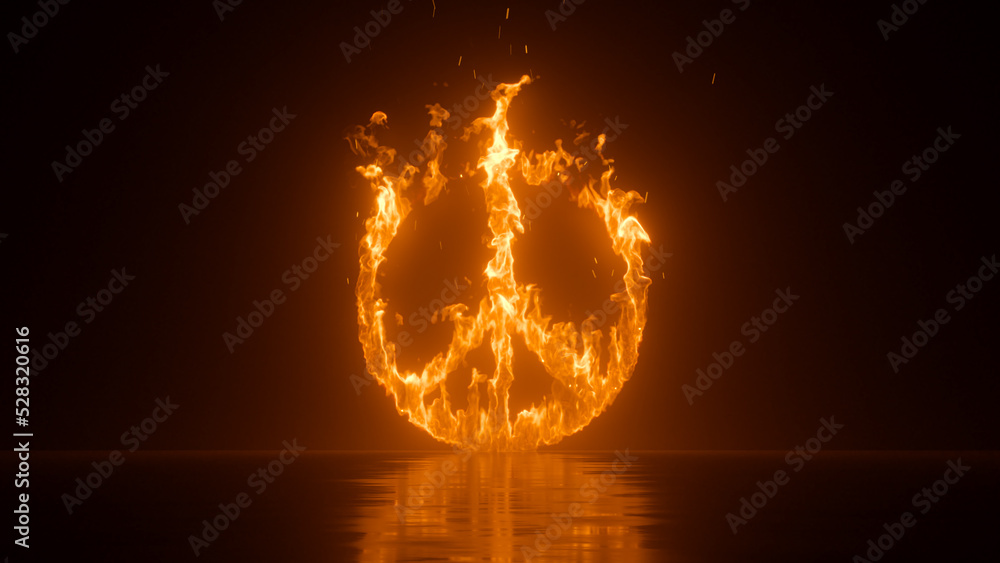 3d render, round peace symbol on fire, blazing pacific emblem, orange ...