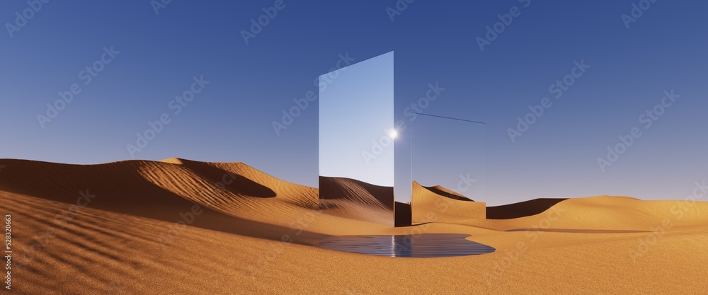 3d render, abstract fantastic panoramic background. Desert landscape ...