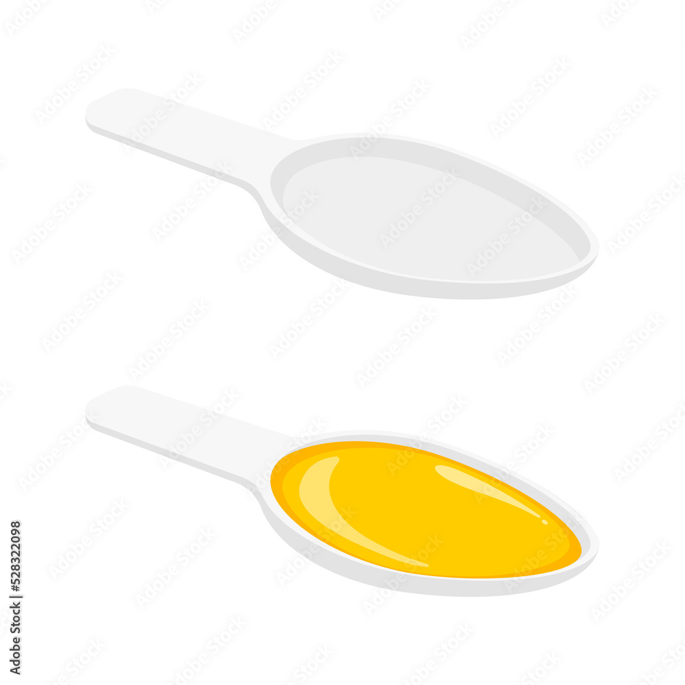 Empty and full oral liquid medicine spoon with doze of kids syrup for ...