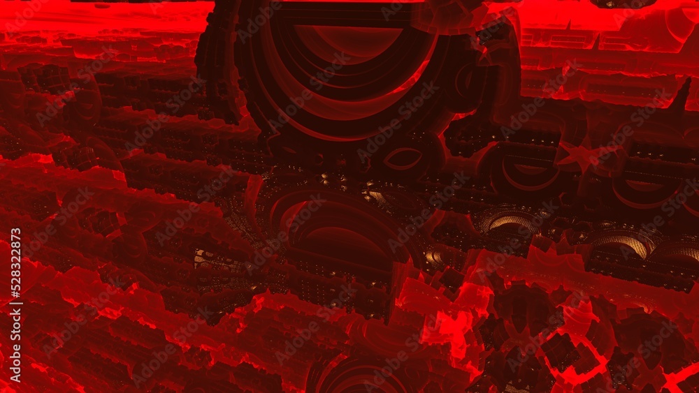 Render of a large dark alien mechanical structure with a glowing red ...