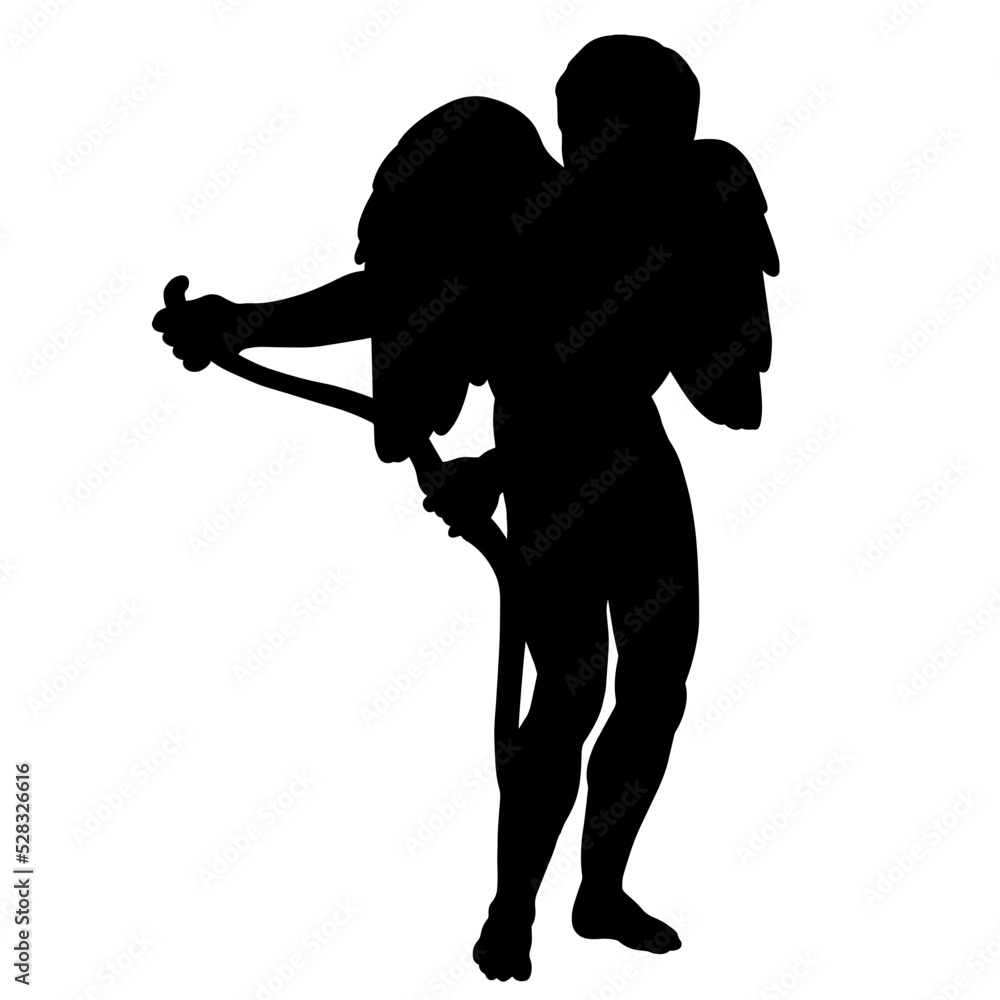 Vector illustration of Eros Stringing the Bow. Black silhouette of ...