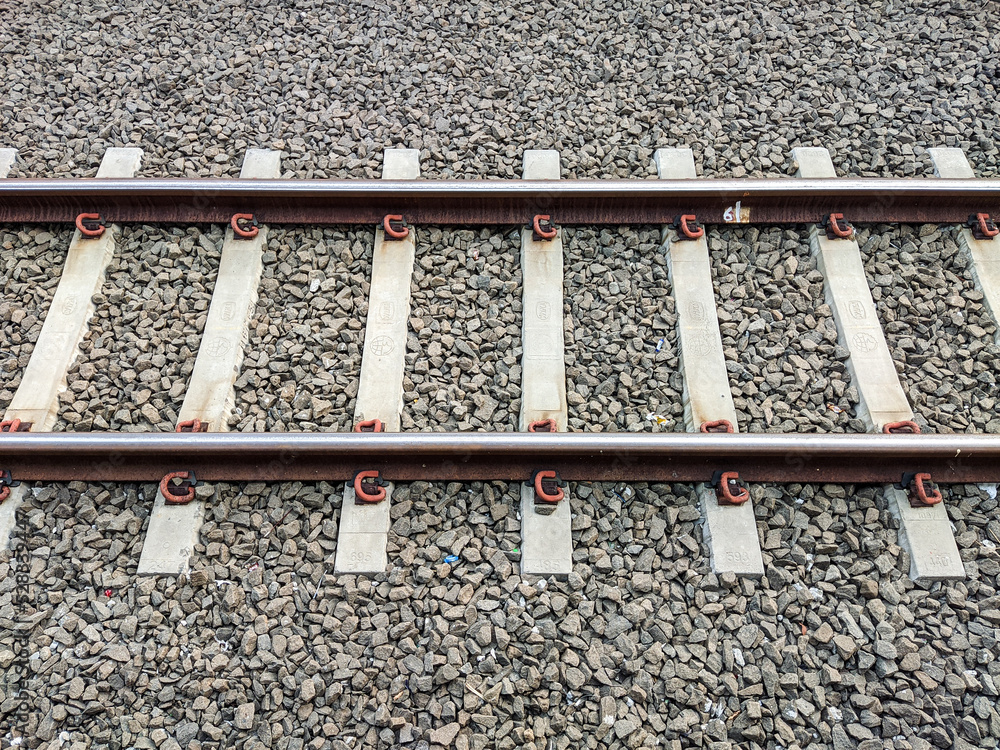 Railroad tracks in a row. Train rail in Indonesia. Kereta Api Indonesia ...