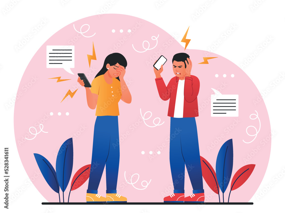 Sad people in smartphone. Man and woman communicate in social networks ...