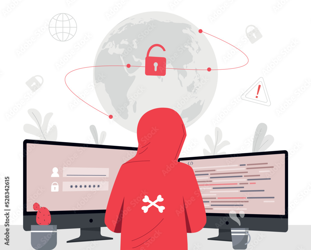 Cyber attack concept. Hacker at computer bypasses security system ...