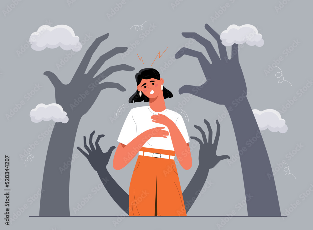 Inner fears concept. Frightened woman stands at background of large ...