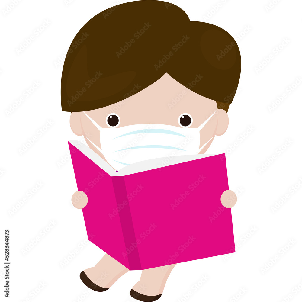 Back to school for new normal lifestyle concept. happy kids jumping wearing face mask protect ...