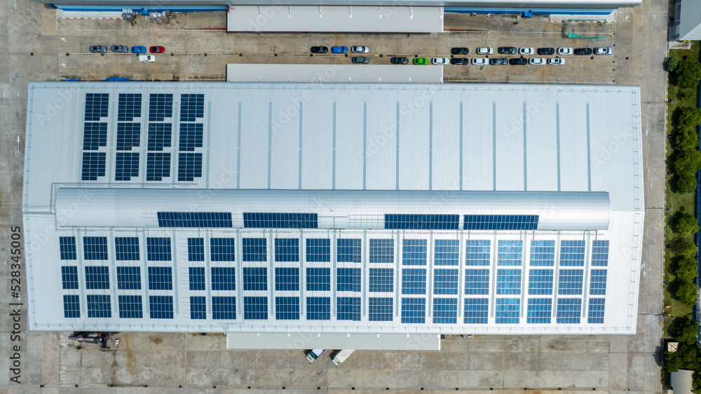 Top view Solar Cell on Warehouse Factory. Solor photo voltaic panels ...