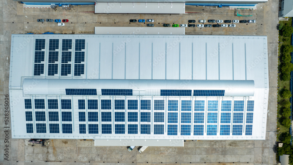 Top view Solar Cell on Warehouse Factory. Solor photo voltaic panels ...