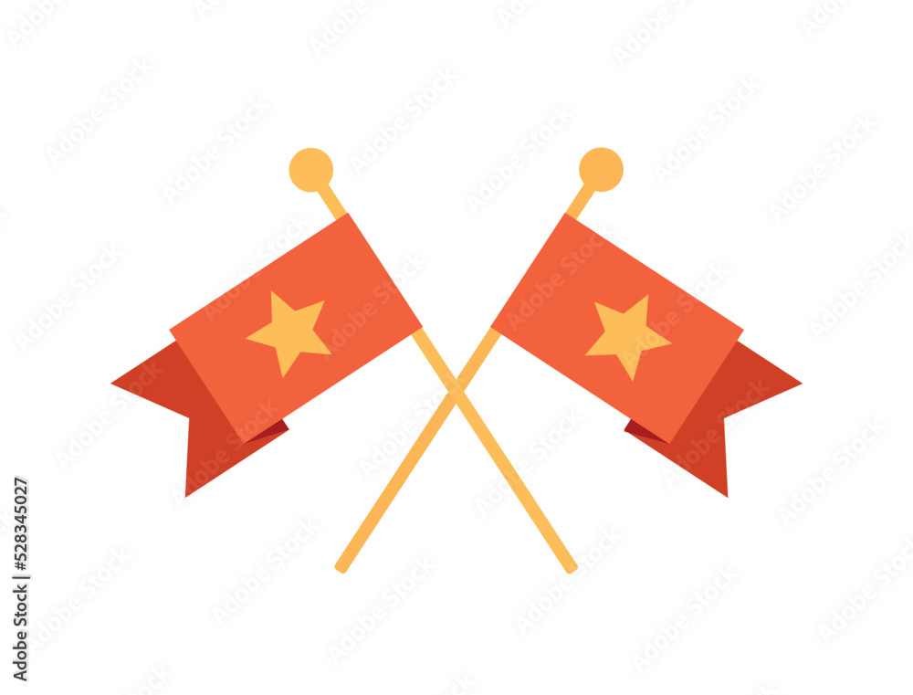 Two red flags. Congratulation of winner in competition, graphic ...